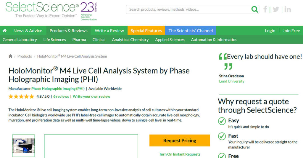 Select Science features HoloMonitor® - PHI Blog